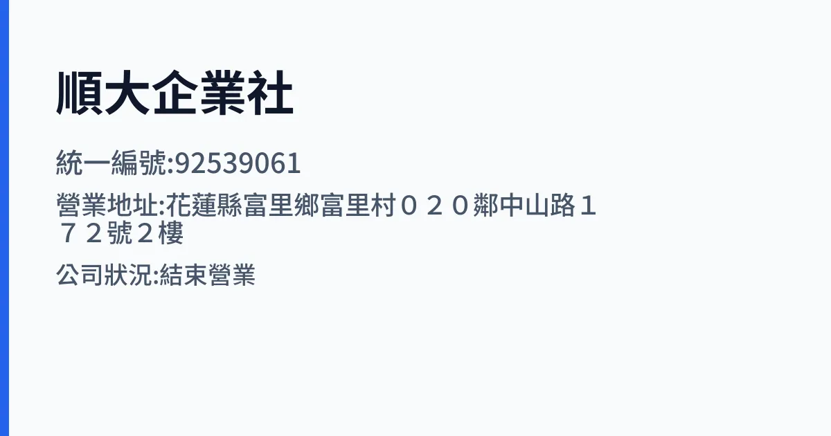 順大企業社 - 統編 92539061(花蓮縣) 公司登記資料與營業項目詳細圖表