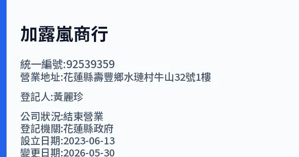 加露嵐商行的照片-統編 92539359(花蓮縣) 公司登記資料與營業項目詳細圖表