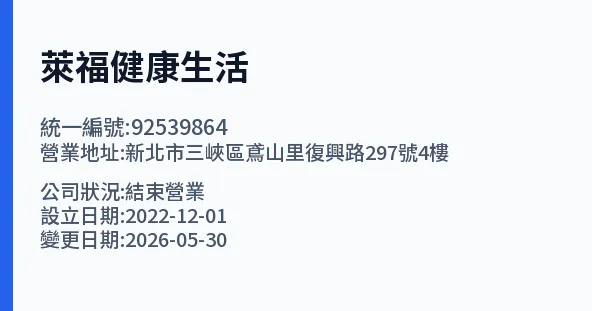 萊福健康生活的照片-統編 92539864(新北市) 公司登記資料與營業項目詳細圖表