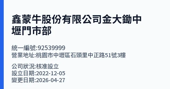 鑫蒙牛股份有限公司金大鋤中壢門市部的照片-統編 92539999(桃園市) 公司登記資料與營業項目詳細圖表