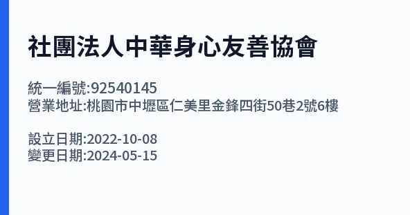 社團法人中華身心友善協會的照片-統編 92540145(桃園市) 公司登記資料與營業項目詳細圖表