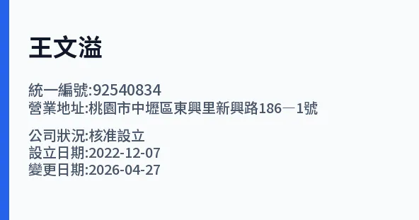 王文溢的照片-統編 92540834(桃園市) 公司登記資料與營業項目詳細圖表