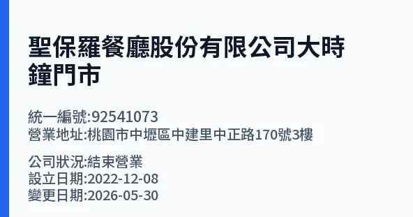 聖保羅餐廳股份有限公司大時鐘門市的照片-統編 92541073(桃園市) 公司登記資料與營業項目詳細圖表