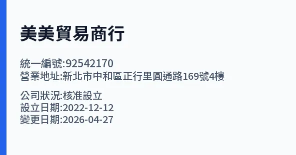 美美貿易商行的照片-統編 92542170(新北市) 公司登記資料與營業項目詳細圖表