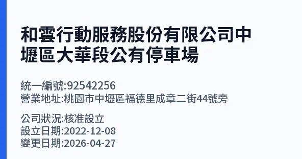 和雲行動服務股份有限公司中壢區大華段公有停車場的照片-統編 92542256(桃園市) 公司登記資料與營業項目詳細圖表