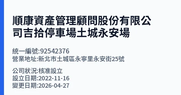 順康資產管理顧問股份有限公司吉拾停車場土城永安場的照片-統編 92542376(新北市) 公司登記資料與營業項目詳細圖表