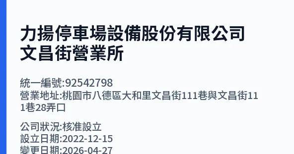 力揚停車場設備股份有限公司文昌街營業所的照片-統編 92542798(桃園市) 公司登記資料與營業項目詳細圖表