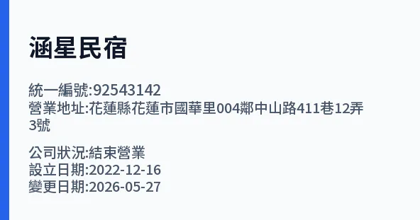 涵星民宿的照片-統編 92543142(花蓮縣) 公司登記資料與營業項目詳細圖表