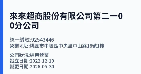 來來超商股份有限公司第二一00分公司的照片-統編 92543446(桃園市) 公司登記資料與營業項目詳細圖表