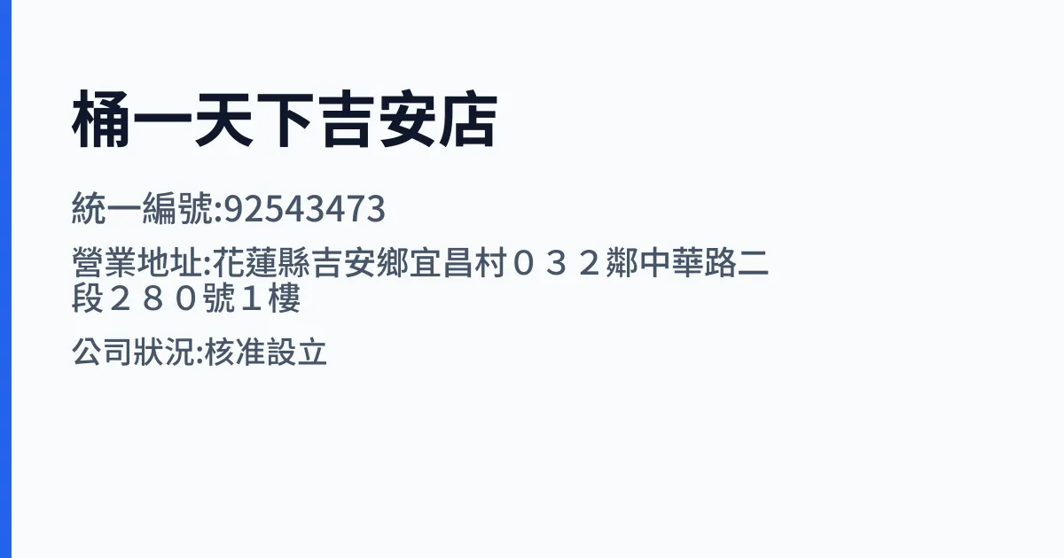 桶一天下吉安店 - 統編 92543473(花蓮縣) 公司登記資料與營業項目詳細圖表