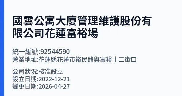 國雲公寓大廈管理維護股份有限公司花蓮富裕場的照片-統編 92544590(花蓮縣) 公司登記資料與營業項目詳細圖表