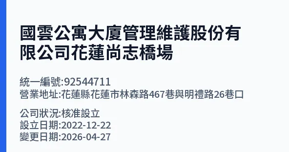 國雲公寓大廈管理維護股份有限公司花蓮尚志橋場的照片-統編 92544711(花蓮縣) 公司登記資料與營業項目詳細圖表