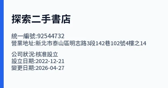 探索二手書店的照片-統編 92544732(新北市) 公司登記資料與營業項目詳細圖表