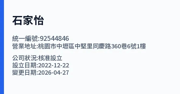 石家怡的照片-統編 92544846(桃園市) 公司登記資料與營業項目詳細圖表