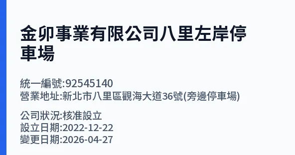 金卯事業有限公司八里左岸停車場的照片-統編 92545140(新北市) 公司登記資料與營業項目詳細圖表