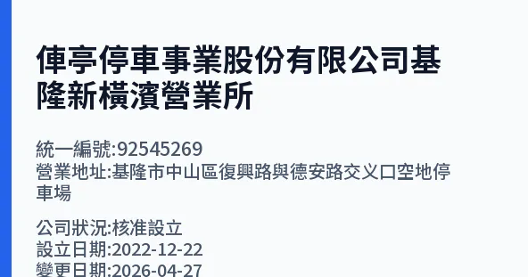 俥亭停車事業股份有限公司基隆新橫濱營業所的照片-統編 92545269(基隆市) 公司登記資料與營業項目詳細圖表