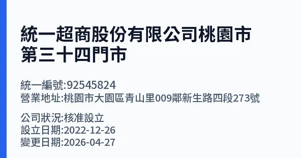 統一超商股份有限公司桃園市第三十四門市的照片-統編 92545824(桃園市) 公司登記資料與營業項目詳細圖表