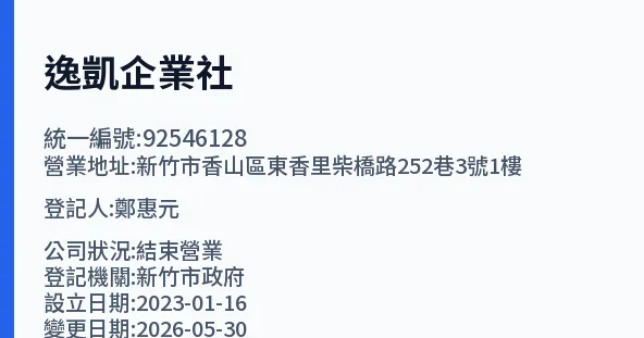 逸凱企業社的照片-統編 92546128(新竹市) 公司登記資料與營業項目詳細圖表