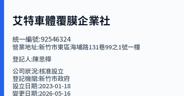 艾特車體覆膜企業社的照片-統編 92546324(新竹市) 公司登記資料與營業項目詳細圖表