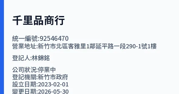 千里品商行的照片-統編 92546470(新竹市) 公司登記資料與營業項目詳細圖表