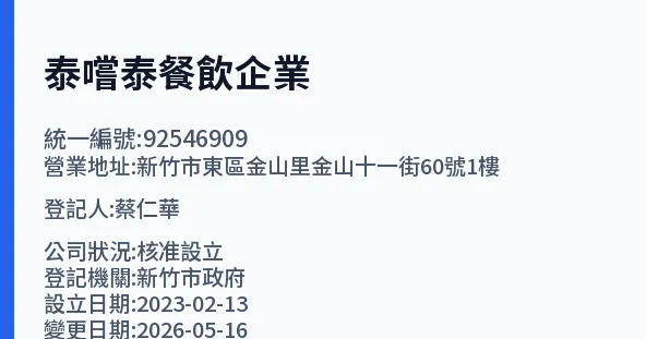泰嚐泰餐飲企業的照片-統編 92546909(新竹市) 公司登記資料與營業項目詳細圖表