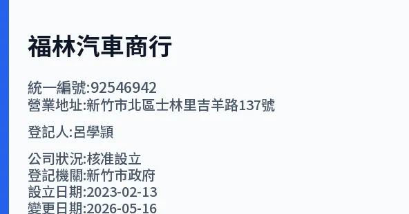 福林汽車商行的照片-統編 92546942(新竹市) 公司登記資料與營業項目詳細圖表