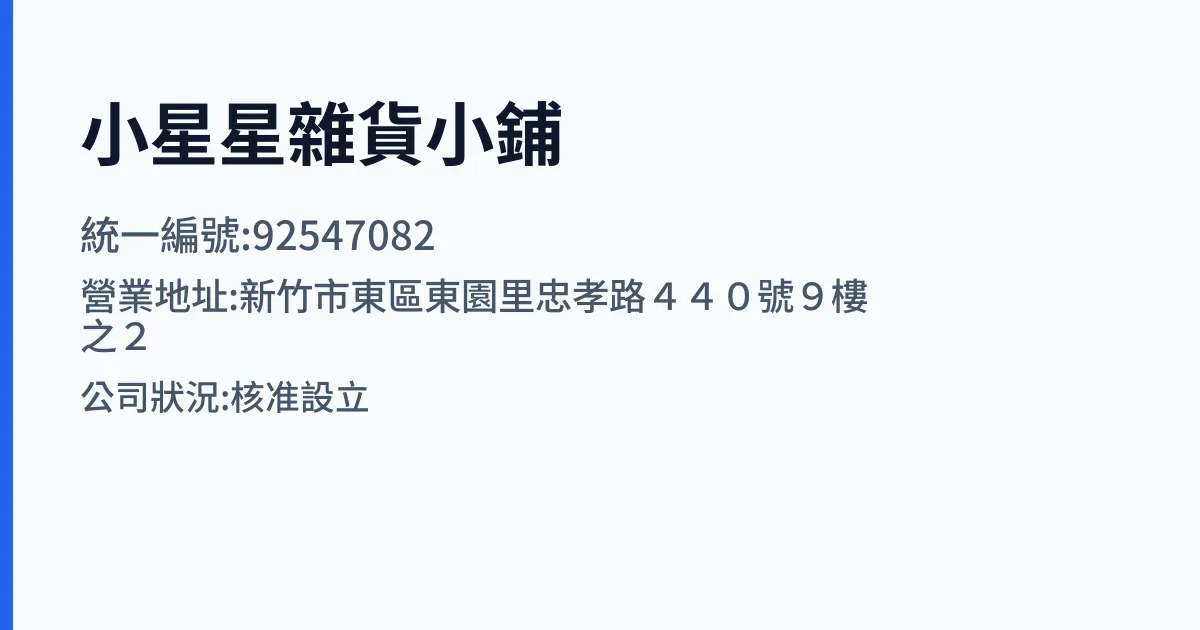 小星星雜貨小鋪 - 統編 92547082(新竹市) 公司登記資料與營業項目詳細圖表