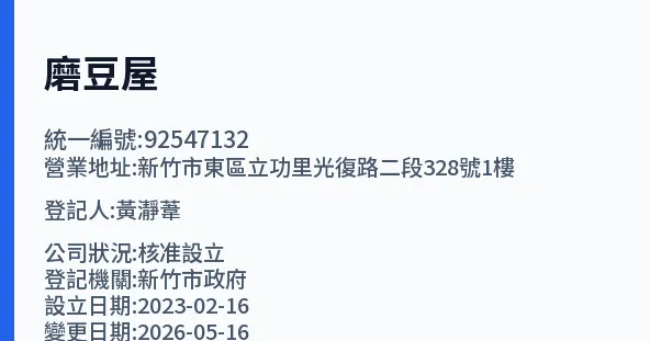 磨豆屋的照片-統編 92547132(新竹市) 公司登記資料與營業項目詳細圖表