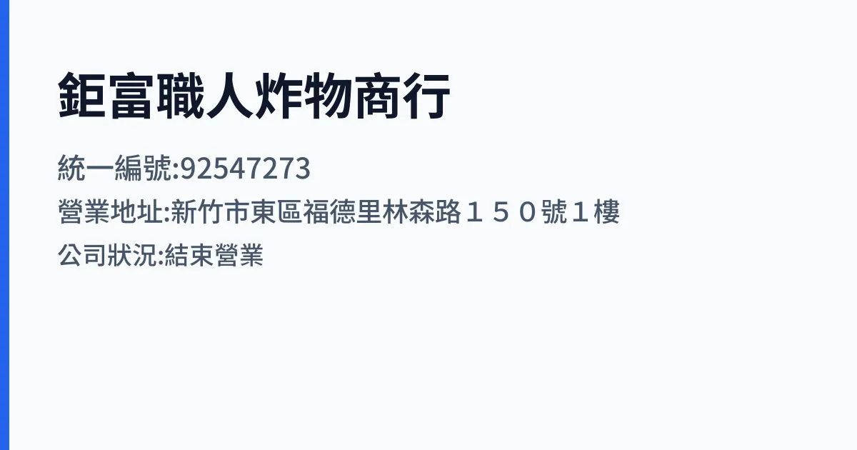 鉅富職人炸物商行 - 統編 92547273(新竹市) 公司登記資料與營業項目詳細圖表