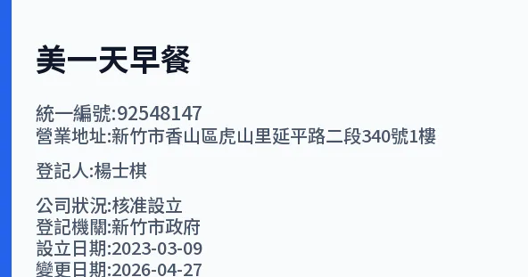 美一天早餐的照片-統編 92548147(新竹市) 公司登記資料與營業項目詳細圖表