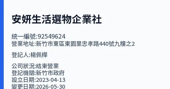 安妍生活選物企業社的照片-統編 92549624(新竹市) 公司登記資料與營業項目詳細圖表
