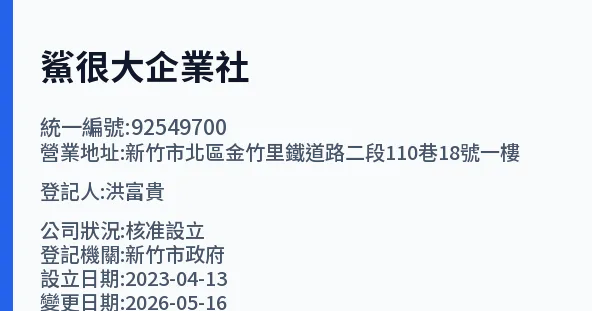 鯊很大企業社的照片-統編 92549700(新竹市) 公司登記資料與營業項目詳細圖表