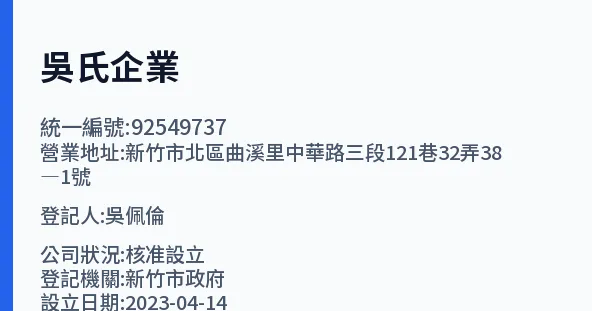 吳氏企業的照片-統編 92549737(新竹市) 公司登記資料與營業項目詳細圖表