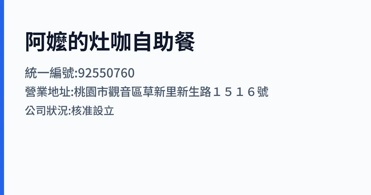 阿嬤的灶咖自助餐 - 統編 92550760(桃園市) 公司登記資料與營業項目詳細圖表