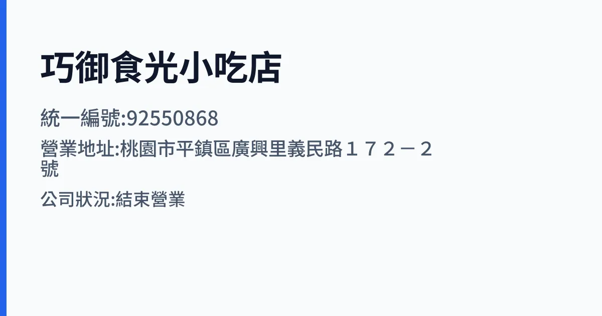 巧御食光小吃店 - 統編 92550868(桃園市) 公司登記資料與營業項目詳細圖表
