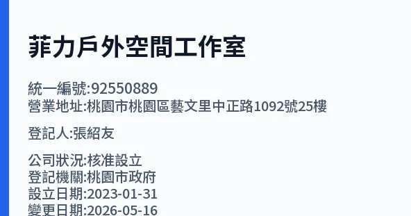 菲力戶外空間工作室的照片-統編 92550889(桃園市) 公司登記資料與營業項目詳細圖表