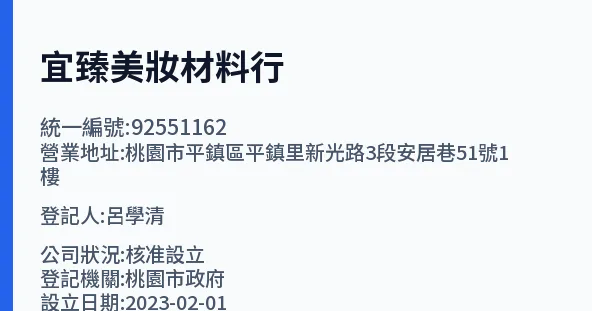 宜臻美妝材料行的照片-統編 92551162(桃園市) 公司登記資料與營業項目詳細圖表