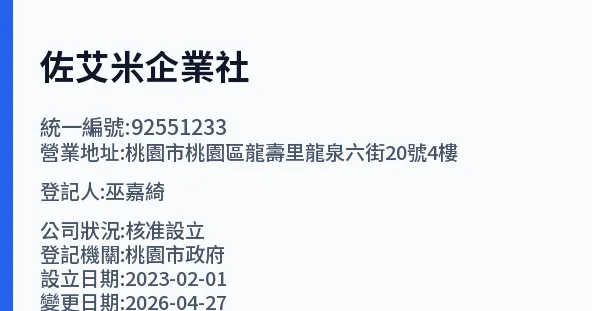 佐艾米企業社的照片-統編 92551233(桃園市) 公司登記資料與營業項目詳細圖表