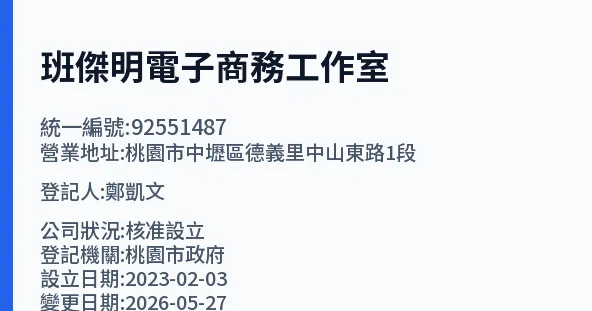 班傑明電子商務工作室的照片-統編 92551487(桃園市) 公司登記資料與營業項目詳細圖表