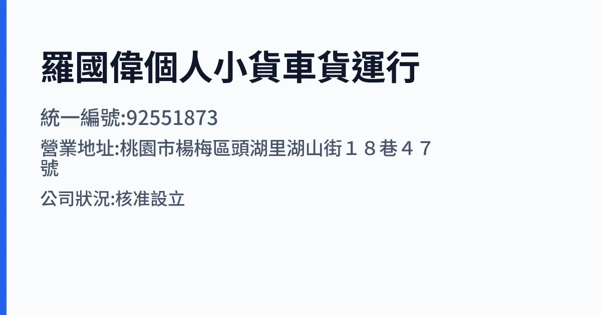 羅國偉個人小貨車貨運行 - 統編 92551873 (桃園市) 公司登記資料與營業項目詳細圖表
