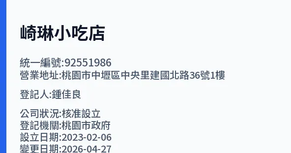 崎琳小吃店的照片-統編 92551986(桃園市) 公司登記資料與營業項目詳細圖表