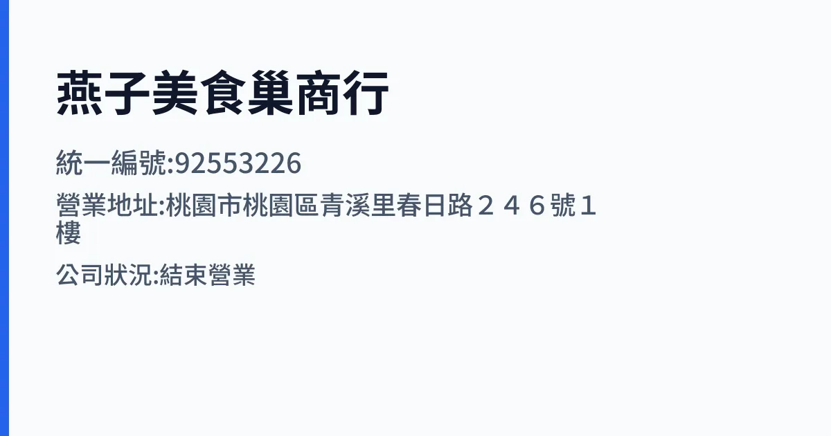 燕子美食巢商行 - 統編 92553226(桃園市) 公司登記資料與營業項目詳細圖表