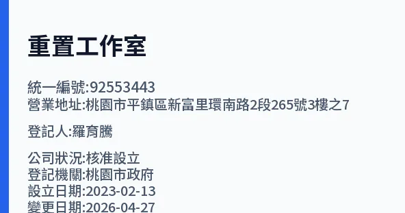 重置工作室的照片-統編 92553443(桃園市) 公司登記資料與營業項目詳細圖表