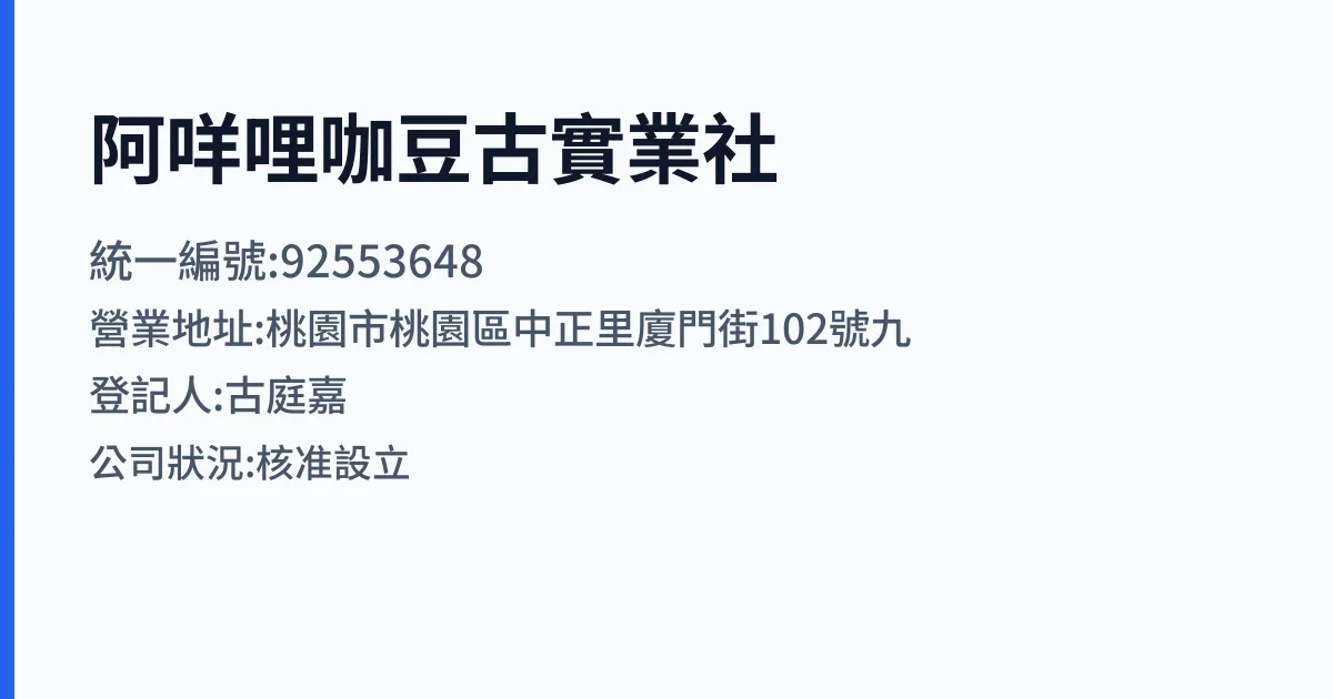 阿咩哩咖豆古實業社 - 統編 92553648(桃園市) 公司登記資料與營業項目詳細圖表