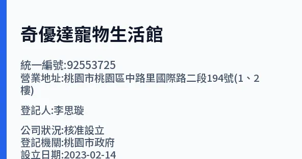 奇優達寵物生活館的照片-統編 92553725(桃園市) 公司登記資料與營業項目詳細圖表