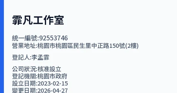 霏凡工作室的照片-統編 92553746(桃園市) 公司登記資料與營業項目詳細圖表