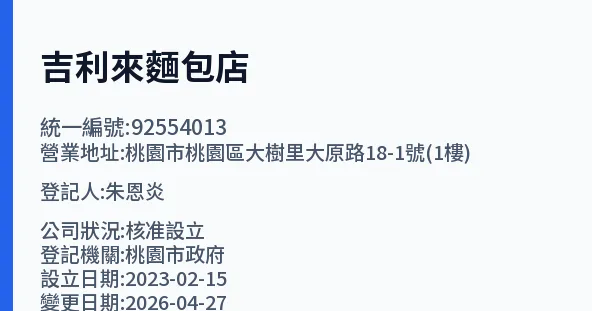 吉利來麵包店的照片-統編 92554013(桃園市) 公司登記資料與營業項目詳細圖表