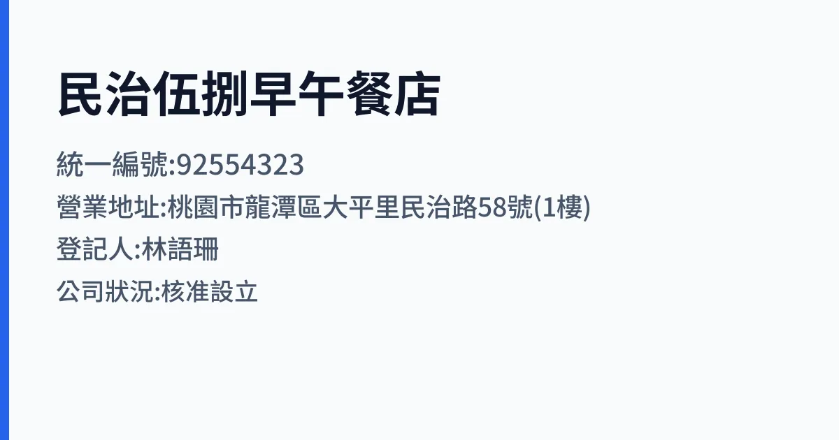 民治伍捌早午餐店 - 統編 92554323(桃園市) 公司登記資料與營業項目詳細圖表