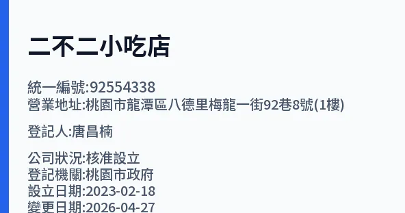 二不二小吃店的照片-統編 92554338(桃園市) 公司登記資料與營業項目詳細圖表