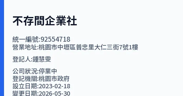 不存間企業社的照片-統編 92554718(桃園市) 公司登記資料與營業項目詳細圖表